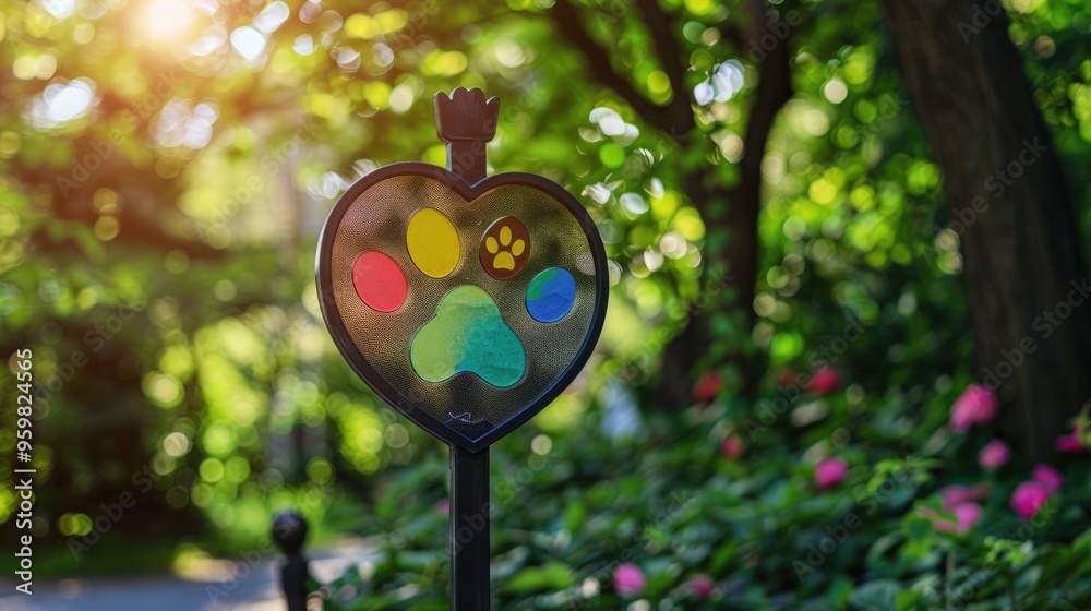Colorful animal shelter sign with a heart-shaped paw print against a ...