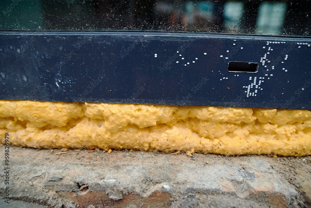 Polyurethane foam sealant applied to window seams closeup, installation ...