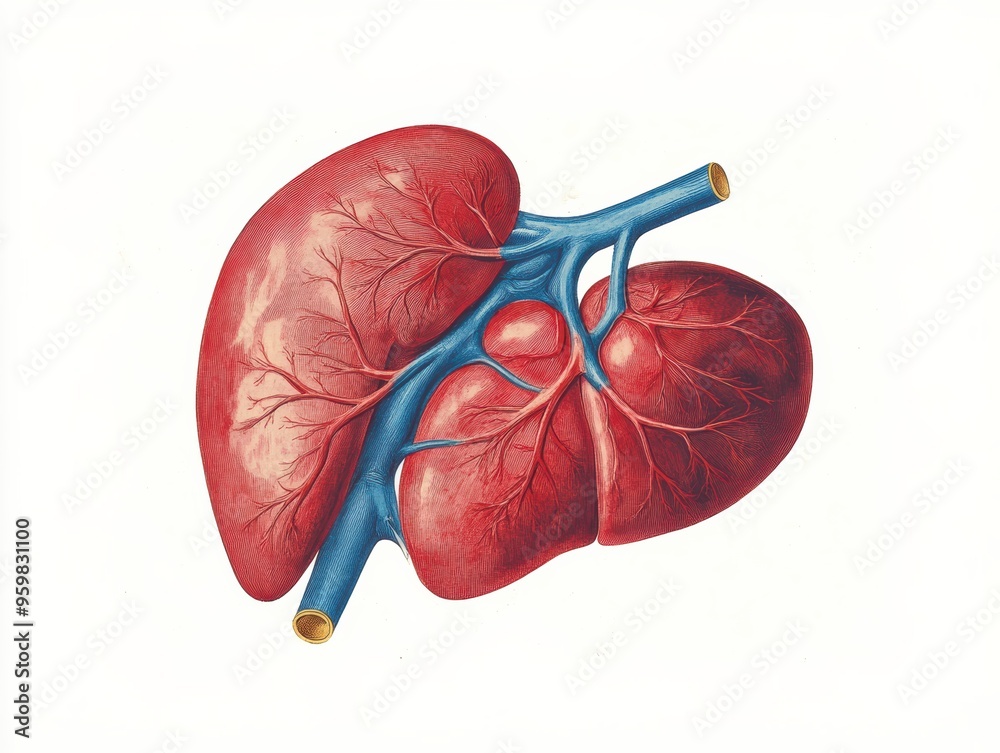 Anatomy cross-section of the liver with detailed depiction of lobes and ...