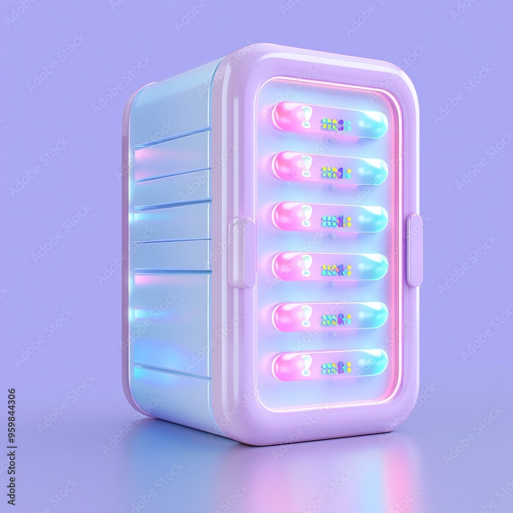 Ilustración de Stock Futuristic LED mini fridge in pastel colors with ...
