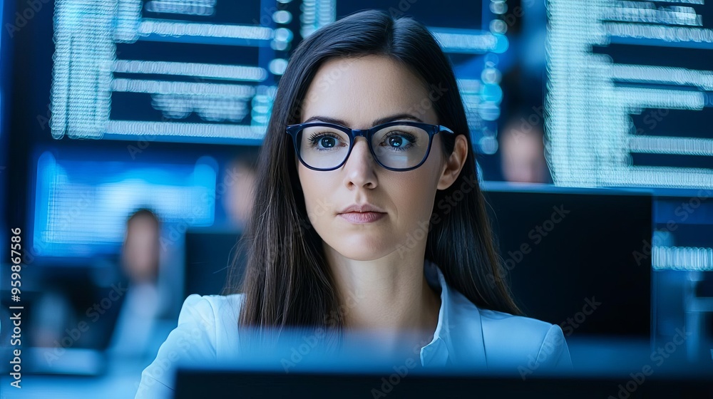 Diverse Professionals In A Cybersecurity Operation Center Monitoring Data Flow Cyber Monitoring