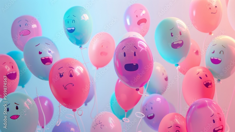 Sad balloons with melancholic faces drift in a soft gradient sky ...