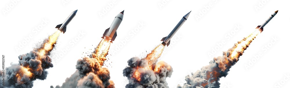 Set of rockets launching with fire and smoke, cut out Stock Photo ...