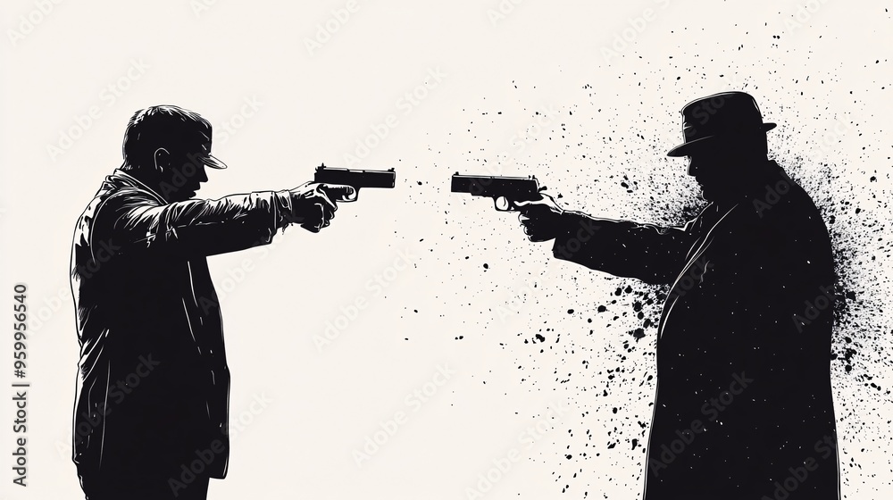 Silhouetted gunfight between two men, both pointing guns at each other ...