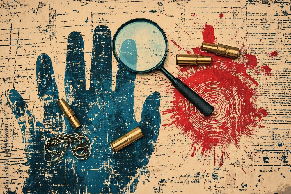 Vintage crime scene elements with magnifying glass, bullets, handprint ...