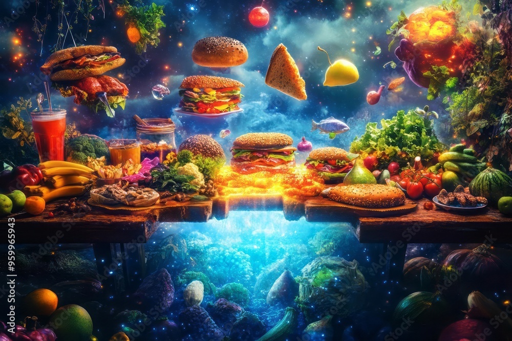 Fantastical scene, split table, unhealthy junk food, fresh fruits ...