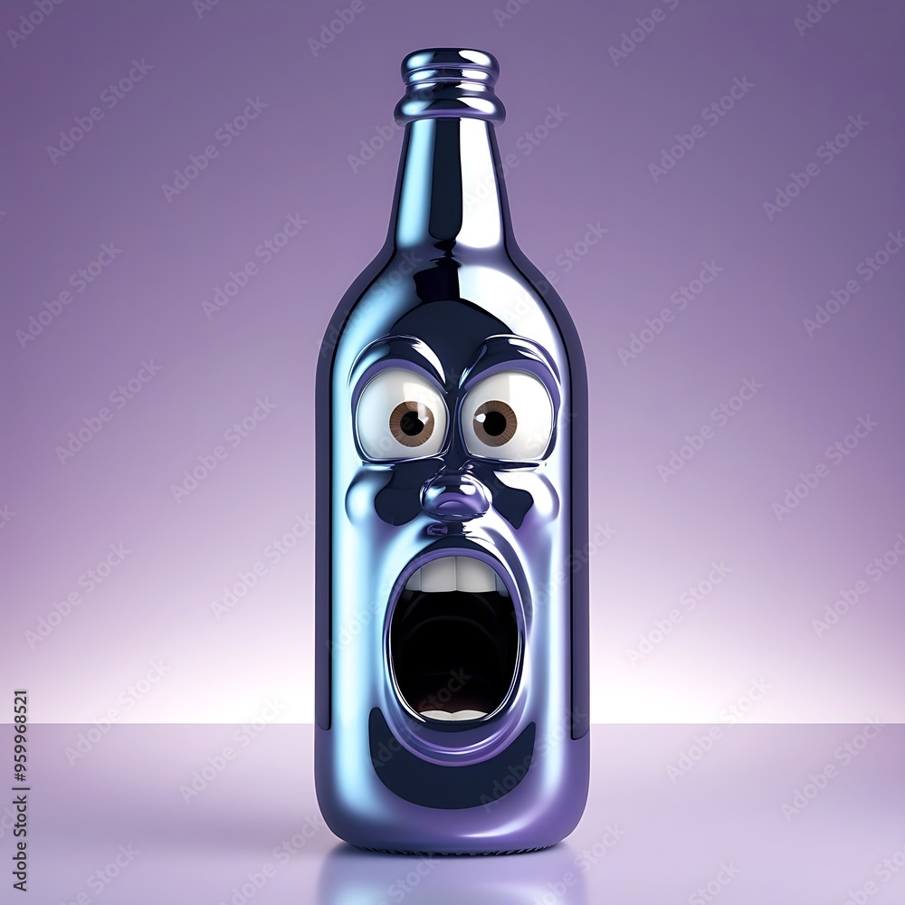 Glass bottle character, shocked, wide-open eyes, open mouth, reflective ...