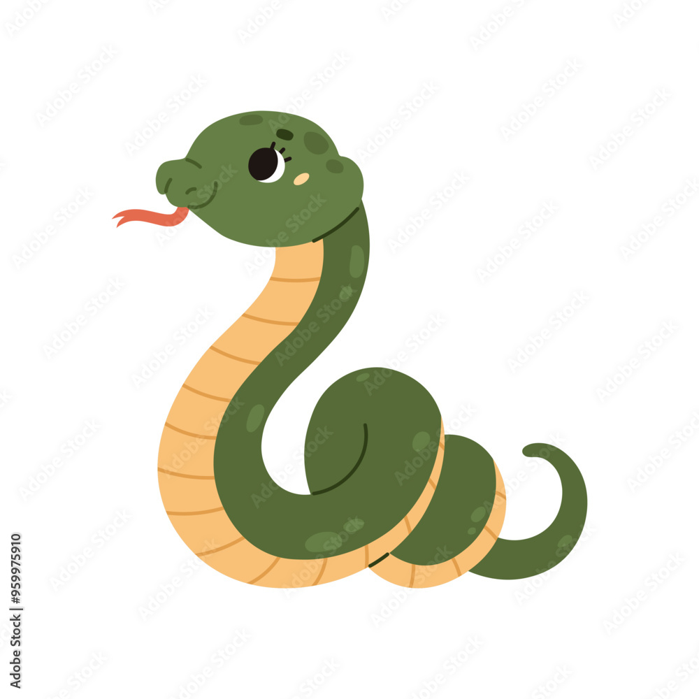 Cute funny snake with big eyes, cheeks and a long tongue. Profile pose ...