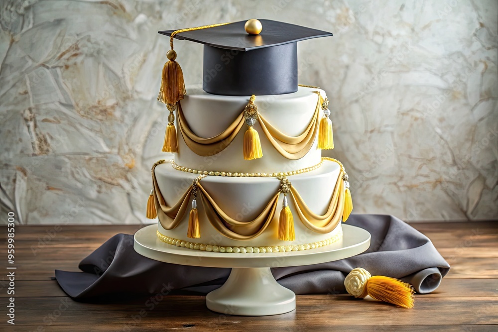 Elegant two-tiered graduation cake features fondant draping, edible ...