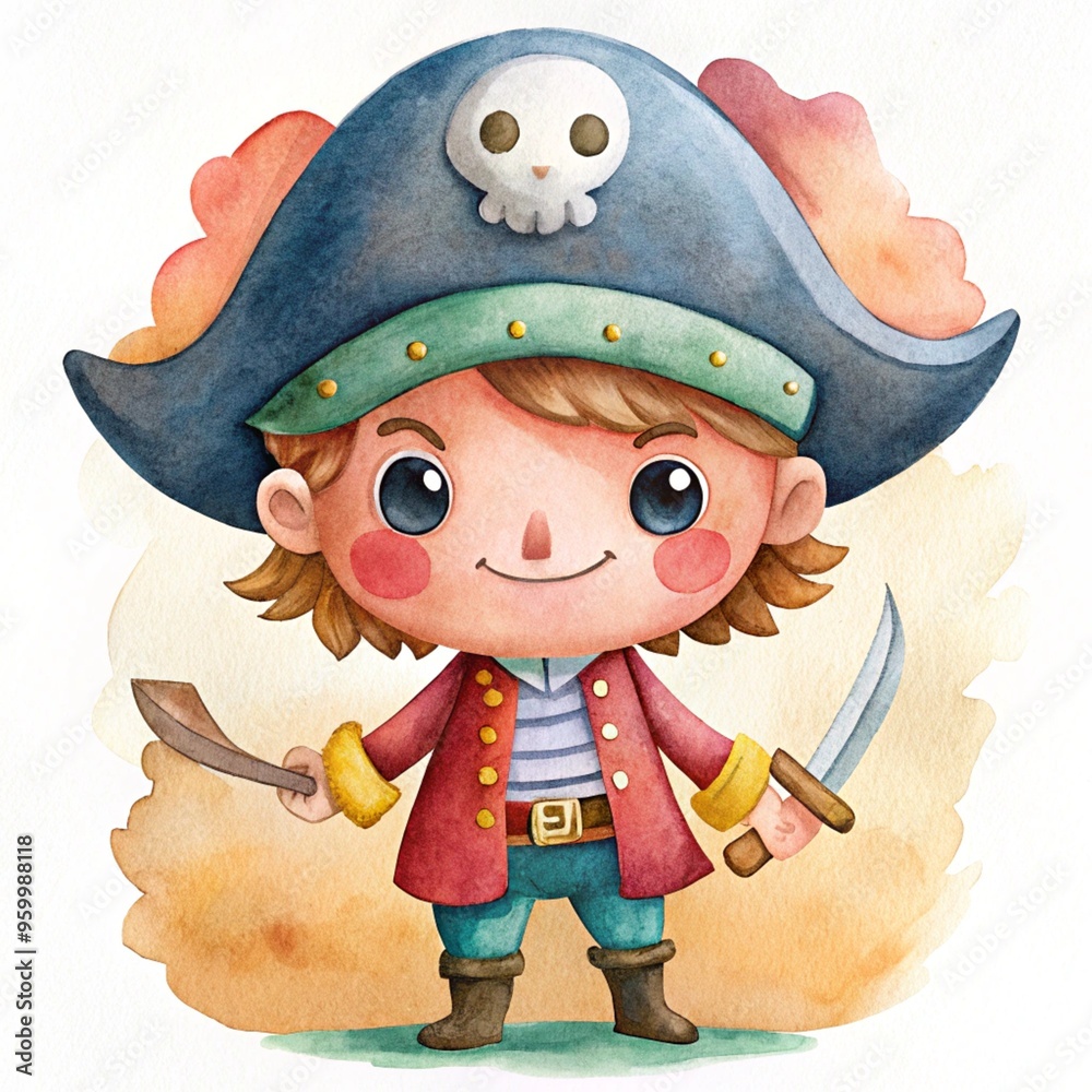 Cute Pirate Watercolor Clipart Ideal for Children's Parties and Themed ...