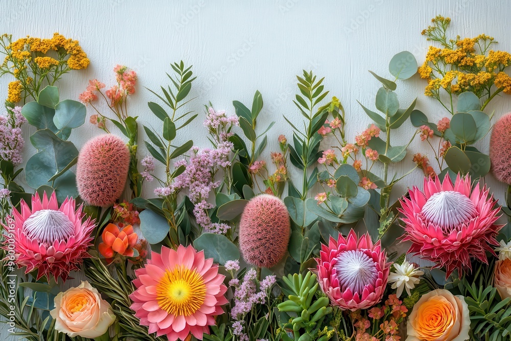 stunning flat lay of australian native flora featuring vibrant proteas ...