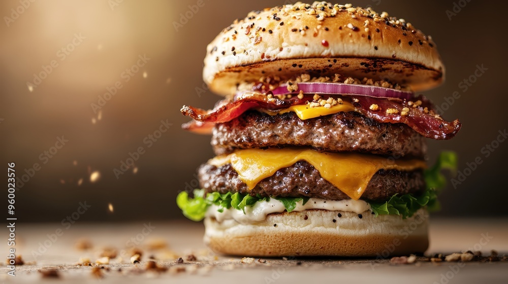 Sumptuous triple beef patty cheeseburger adorned with melted cheese ...