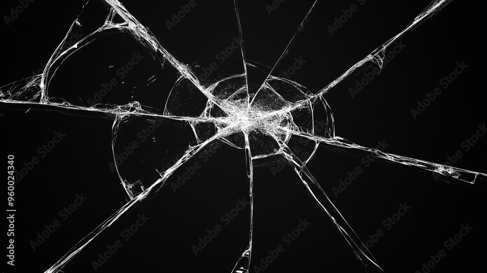 Broken shattered glass pattern on black background, sharp cracked glass ...