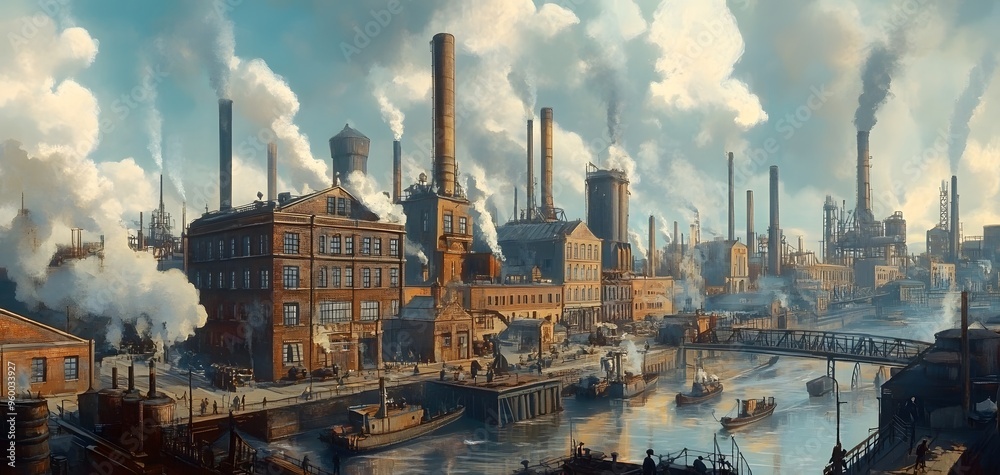 Industrial cityscape with old factories and smokestacks, representing ...
