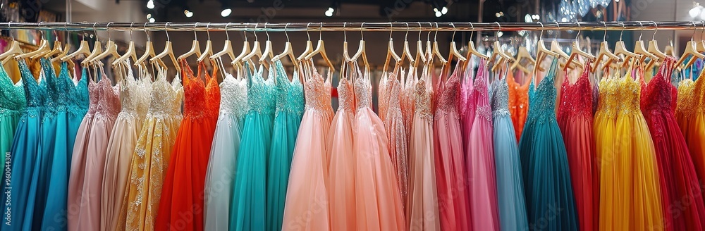 A rack of colorful prom dresses hangs in different shades, from light ...