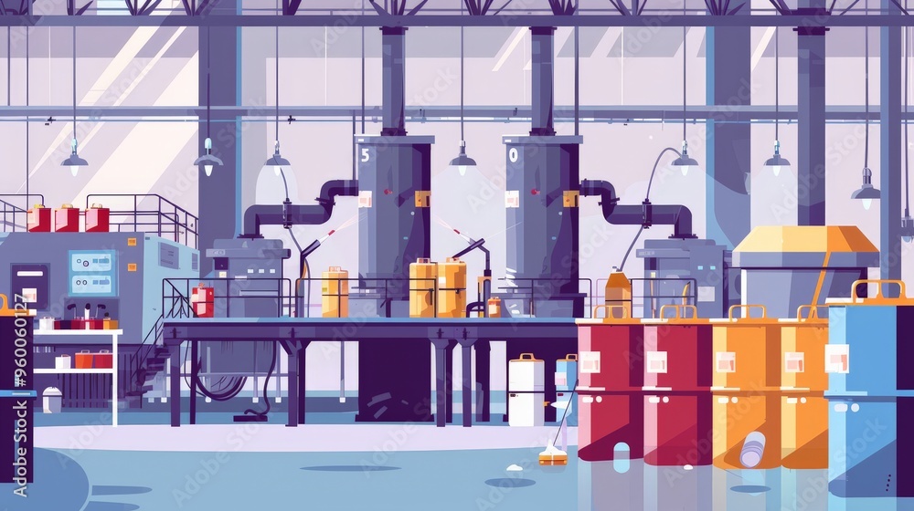 Scene of an industrial paint shop spraying components flat design side ...