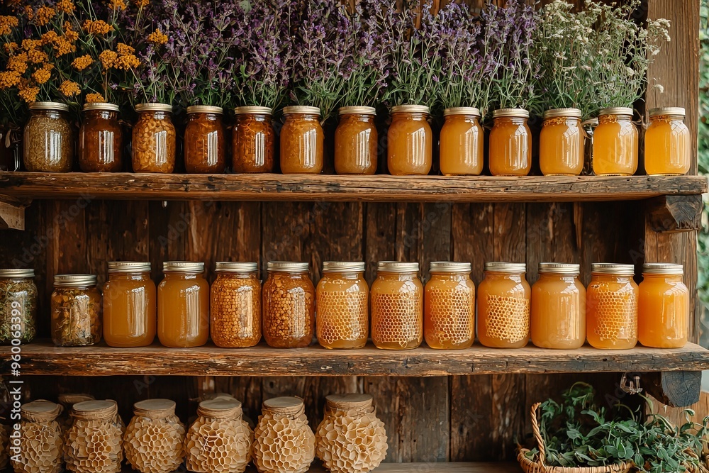 Rustic wooden shelves filled with jars of honey in a country store ...