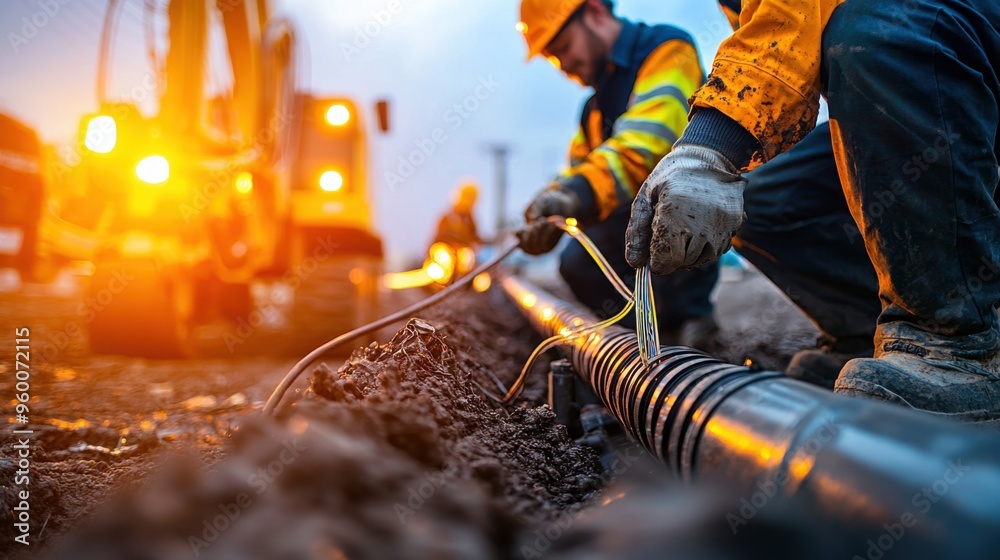 Men in work uniforms operating a trenching machine to install fiber ...