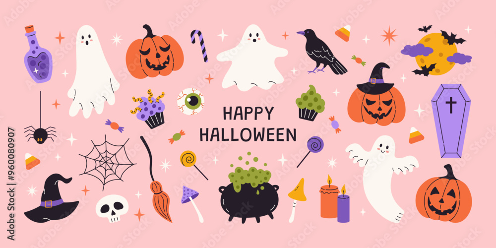 Halloween cute element set. Hat, ghost, bat, candy, fun pumpkins, witch ...