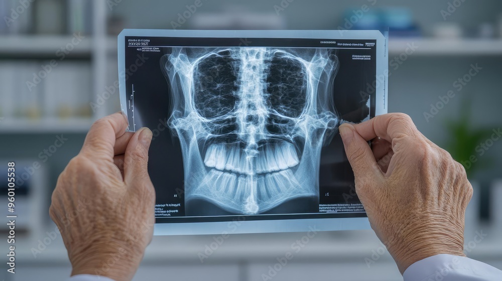 Elderly person examining an X-ray of their bone structure, highlighting ...