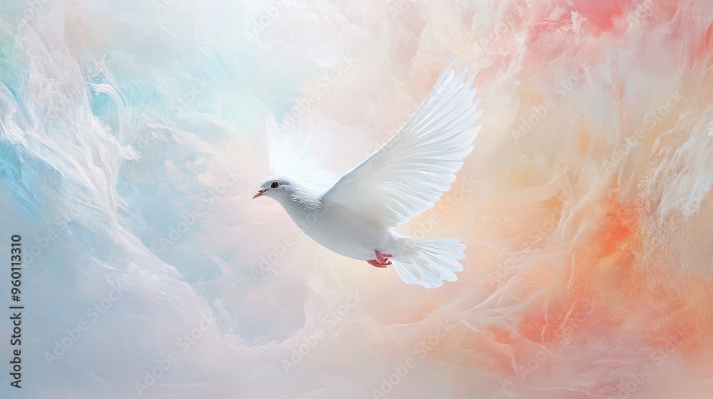 White dove soaring through a dreamy, color-filled sky, with a dynamic ...