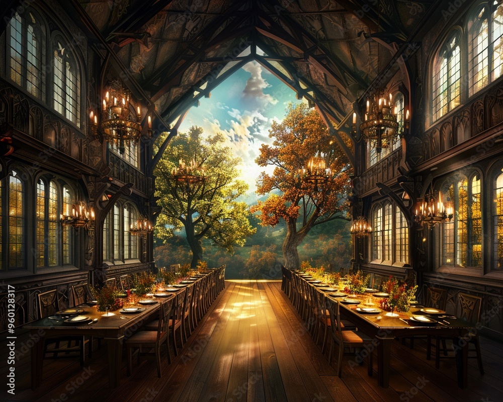 Medieval banquet hall with nobles feasting, medieval banquet ...