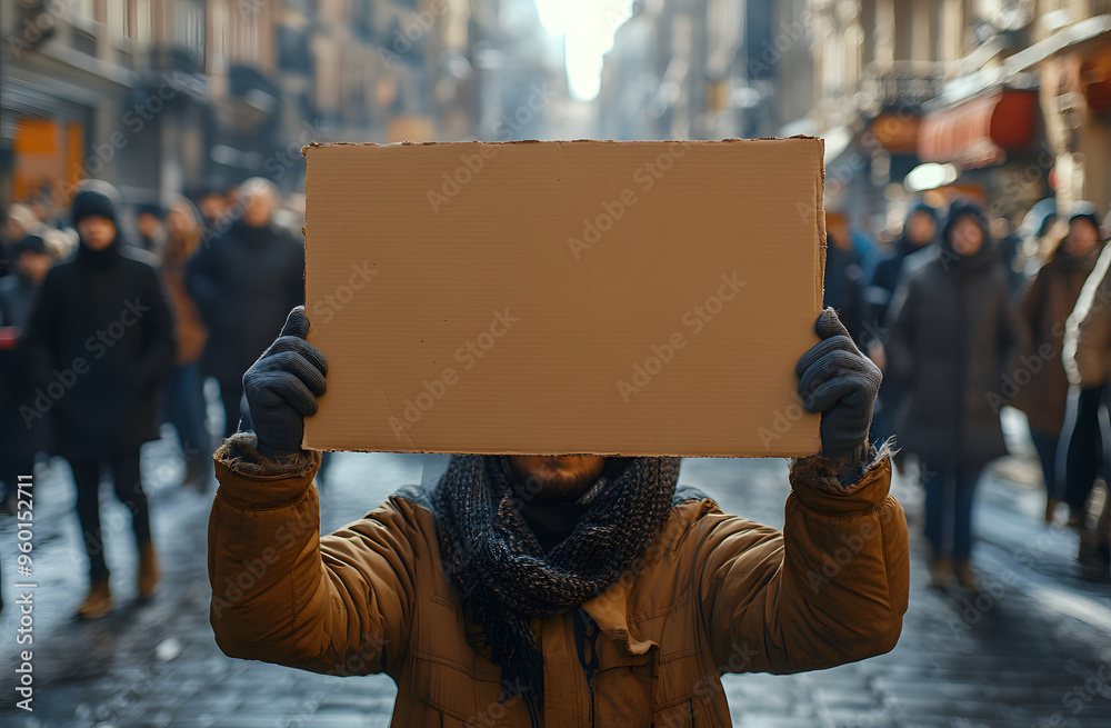 “A Person Holding Up an Empty Cardboard Sign in Front of a Crowd, Ready ...