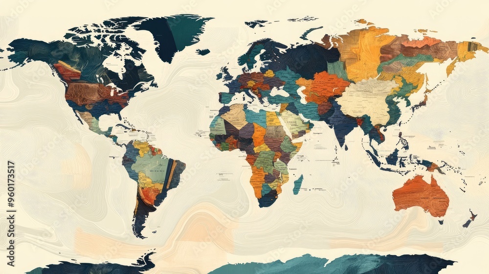A colorful world map featuring clear country divisions and ocean ...