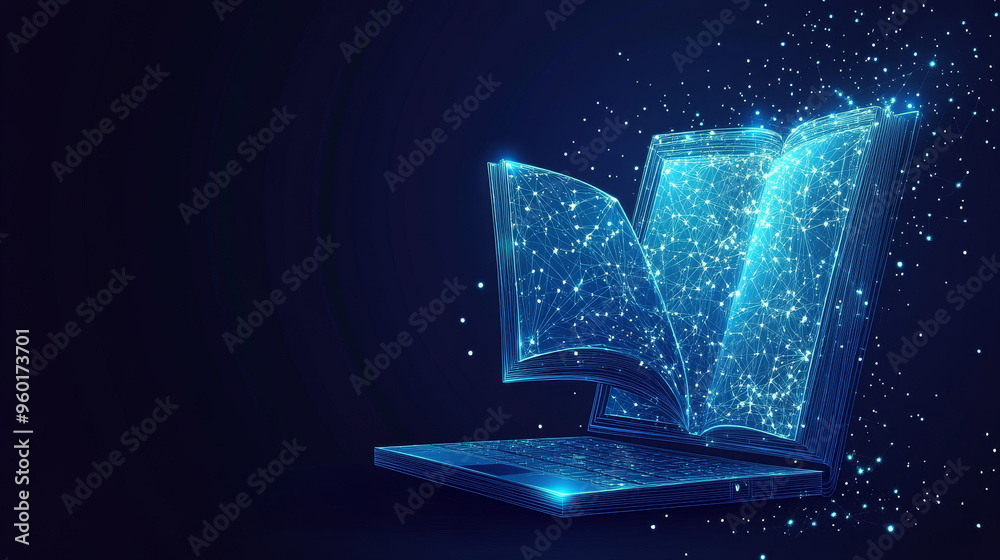 Book and screen. Low poly wireframe depiction against a blue backdrop ...