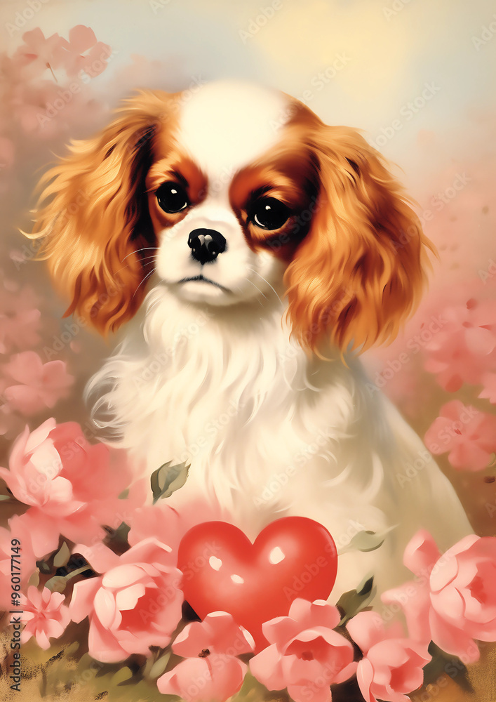 Cute Cavalier King Charles spaniel watercolor roses heart Valentine's ...