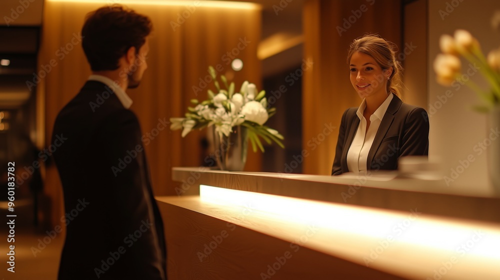 Businessman Checking In At Hotel Reception Desk With Female Staff ...