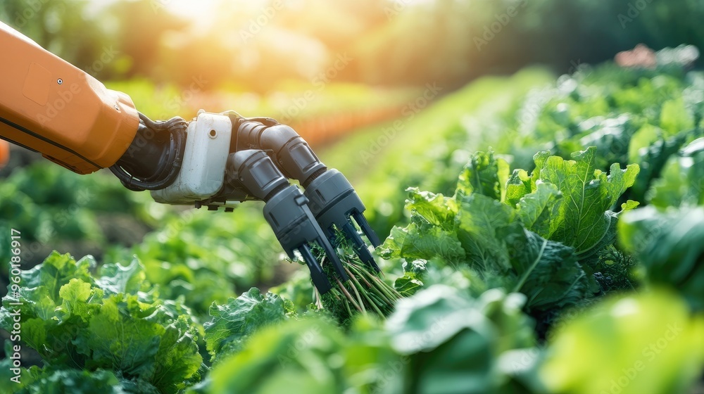 Robotic arm harvesting vegetables in a smart farm, highlighting the ...