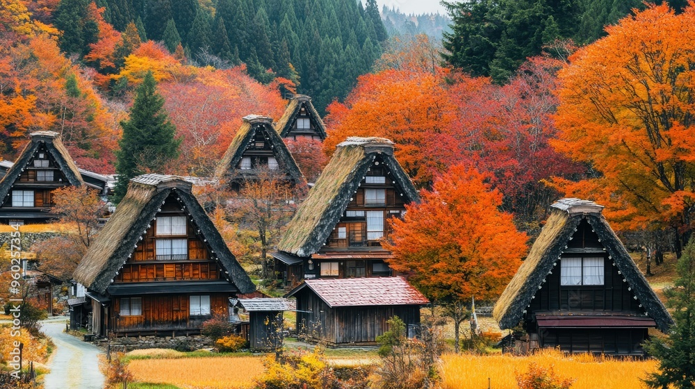 Shirakawa-go autumn landscape, with vibrant red and orange foliage ...