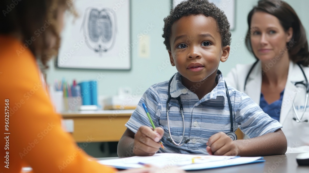 Children drawing in a doctors office while parents discuss a health ...