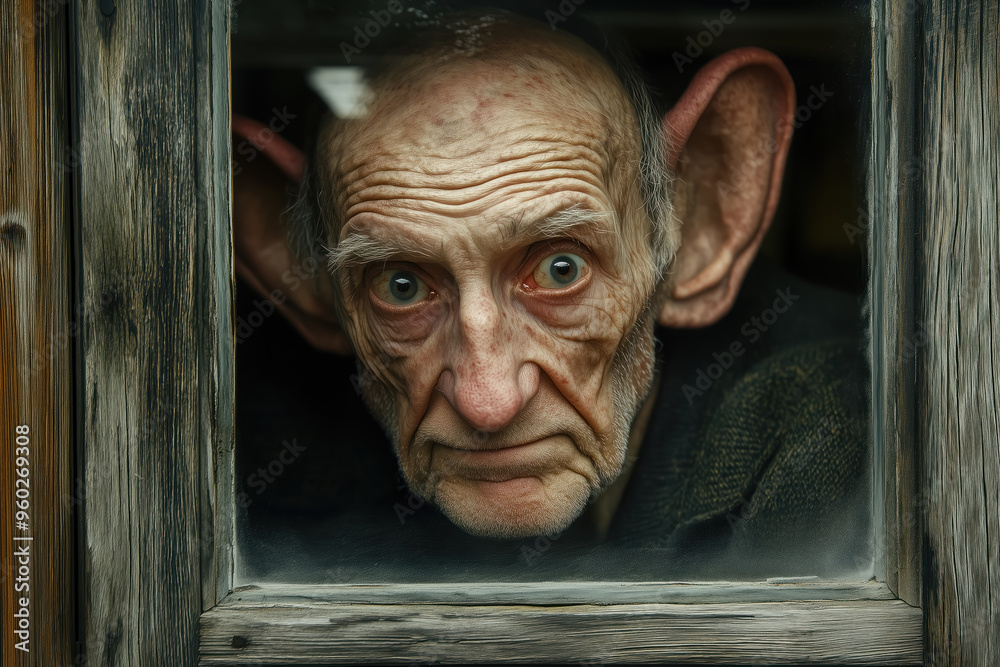 Funny image of a nosy neighbor - curios old man with very big ears ...