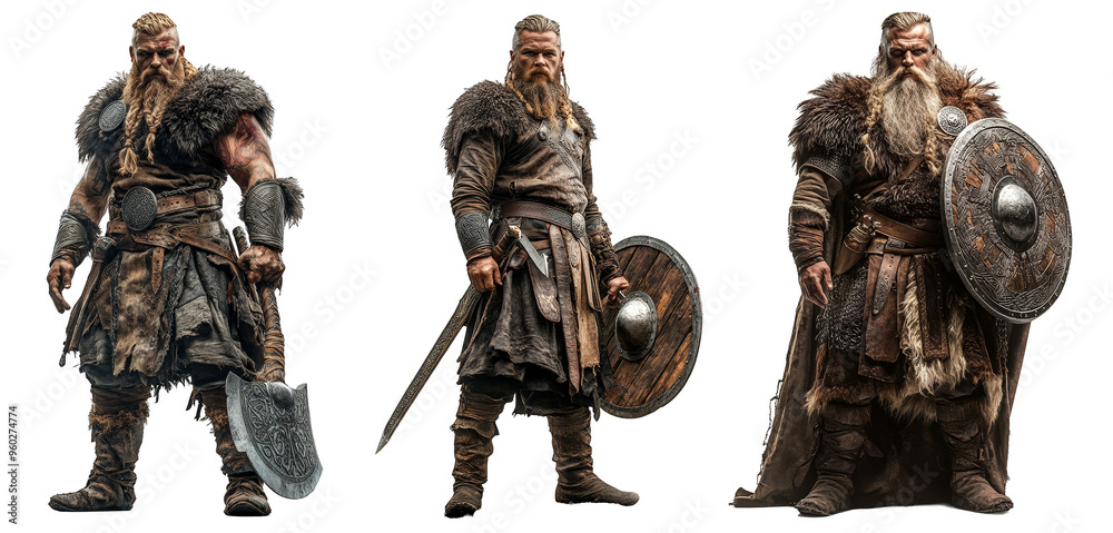 Bearded Viking warriors in battle armor holding shields and weapons ...