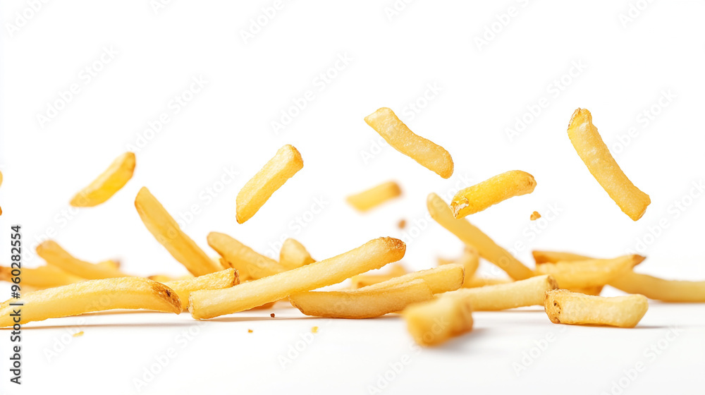 Crispy golden French fries falling against a bright white background ...