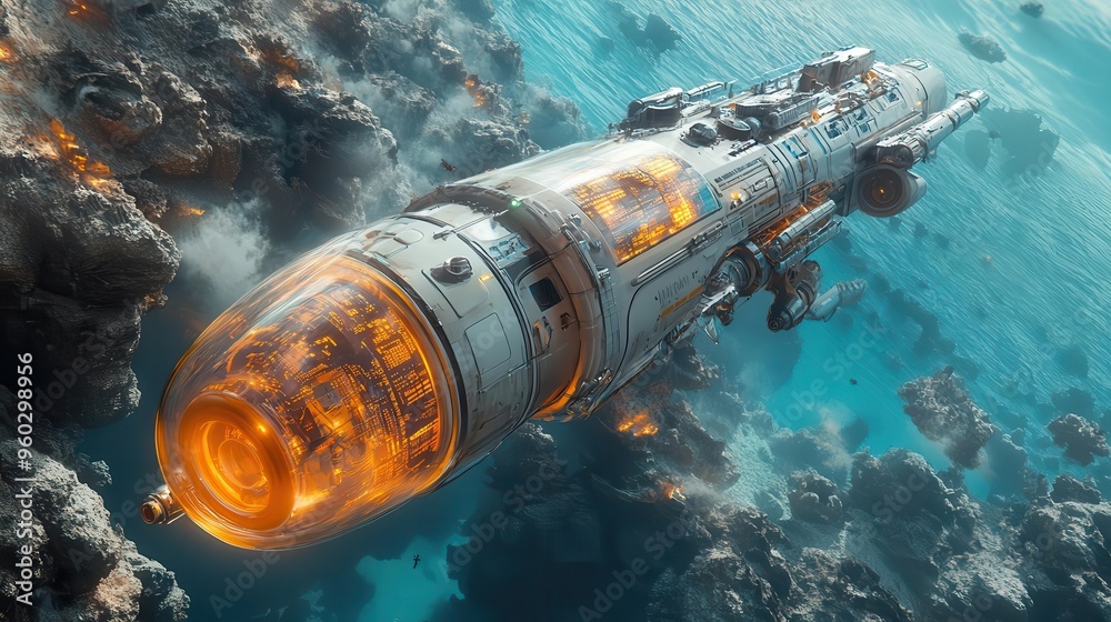 bioluminescent deepsea exploration in a transparent quantum submarine ...