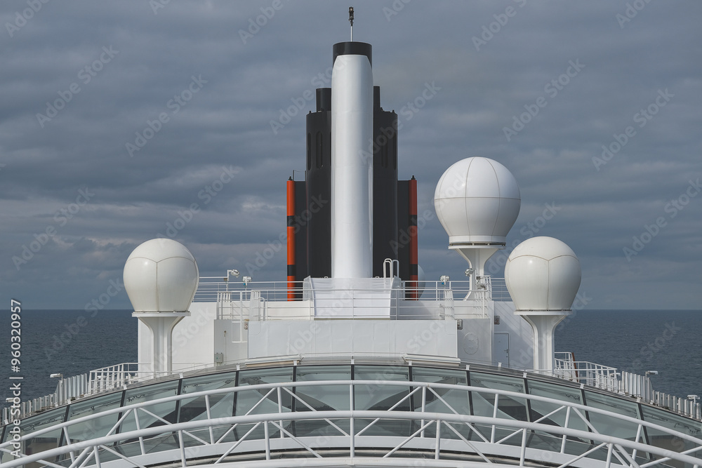 Red and black funnel smoke stack of legendary luxury ocean liner cruise ...