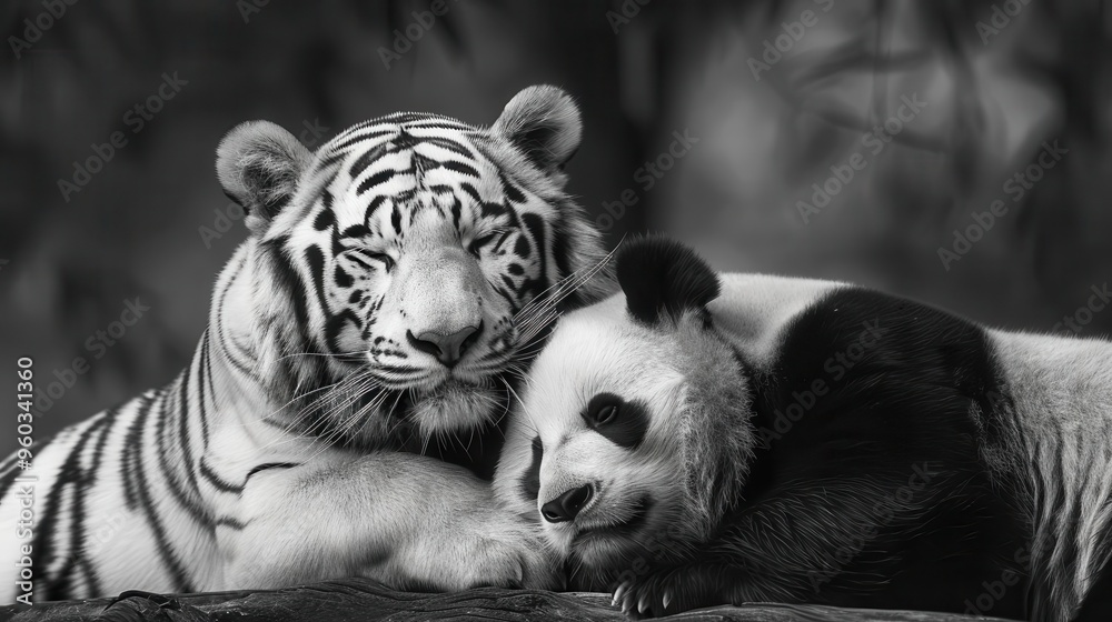 unusual friendship white tiger and panda bonding on black and white ...