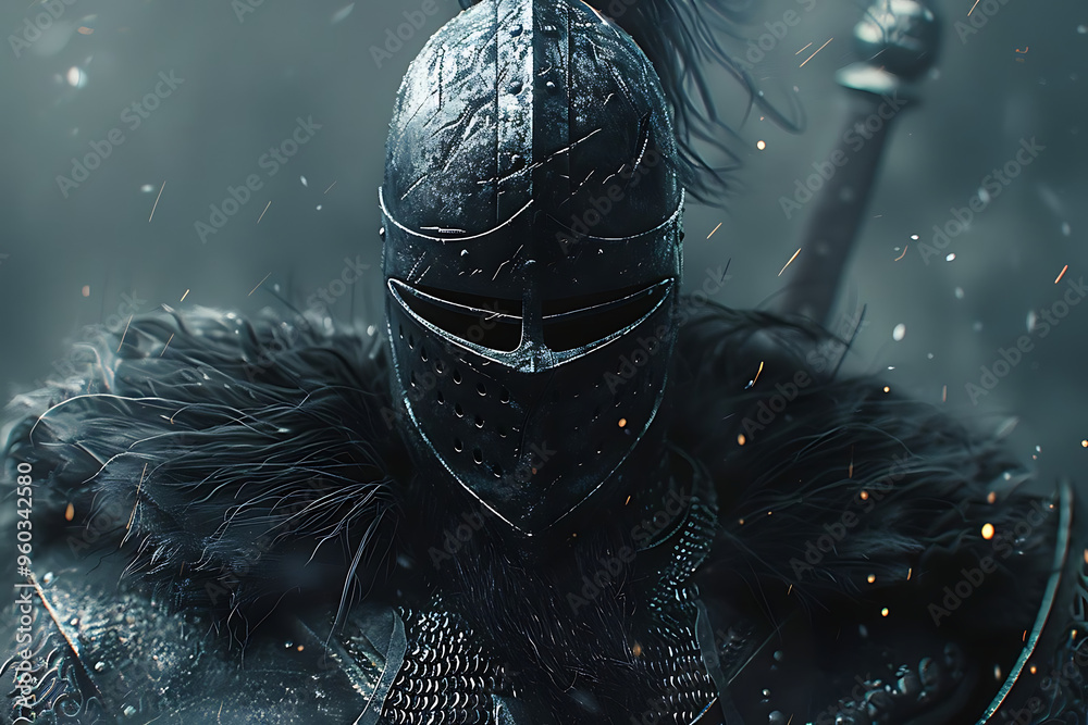 Ilustración de Stock Dark Knight: A brooding knight, shrouded in shadow ...