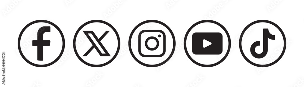 facebook, tiktok, instagram, X, youtube logo icon with circle outline ...