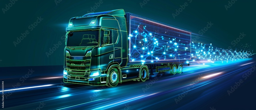Digital green high-speed truck in low poly wireframe, the future of ...