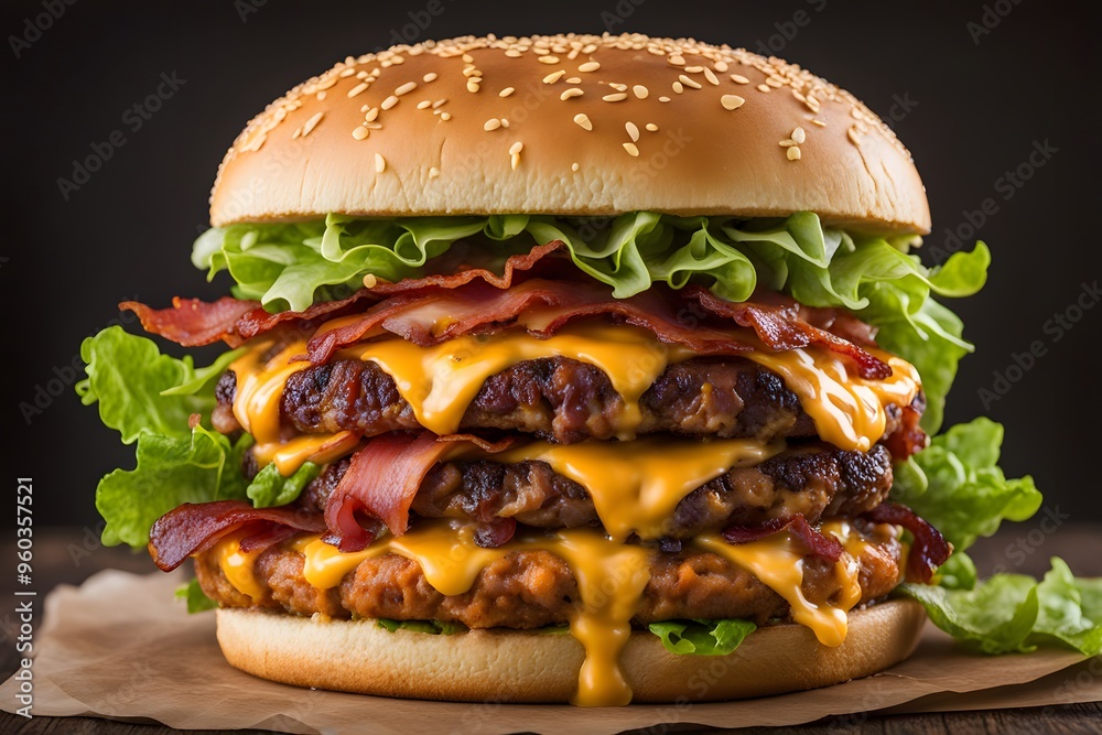 Double bacon cheeseburger with layers of beef patties crispy bacon ...