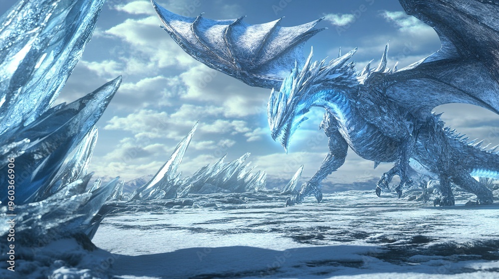 Glistening ice dragon roaming an icy landscape under a bright sky ...