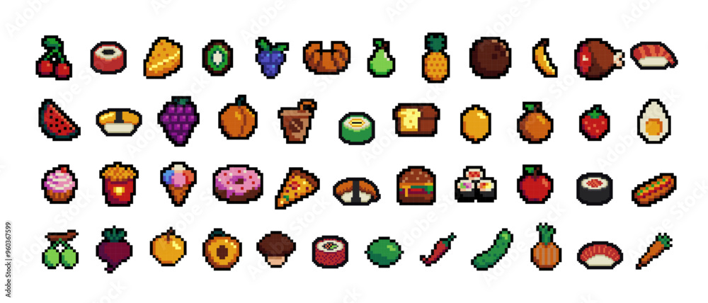 Food pixel art 80s style icons element design stickers, logo, mobile ...
