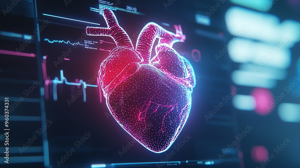 3D illustration of a human heart on a digital screen, depicting medical ...