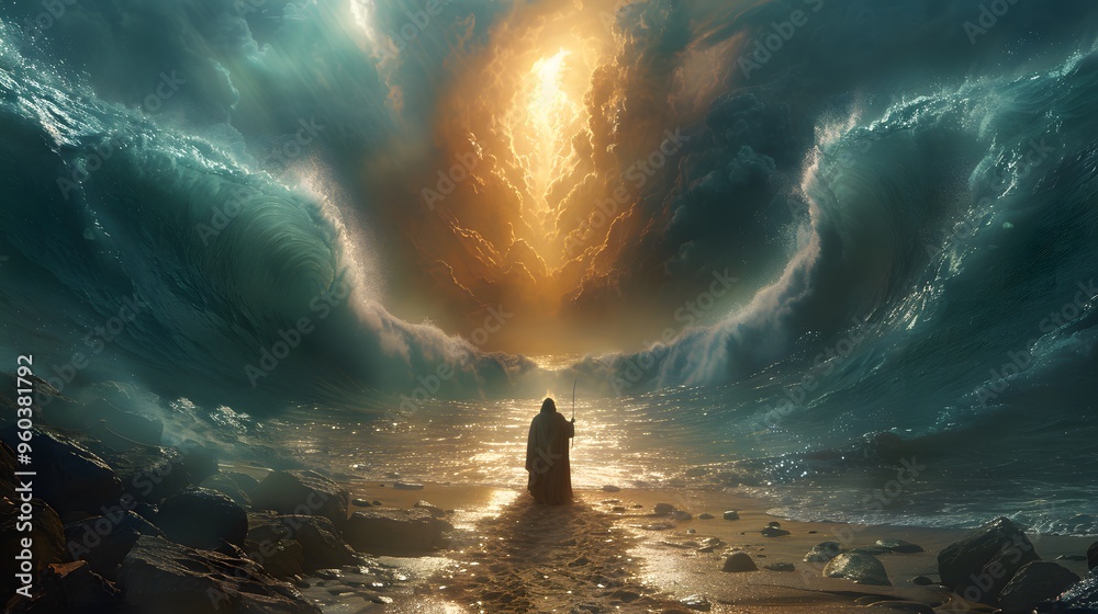 Create a powerful image of Moses raising his staff to part the Red Sea ...