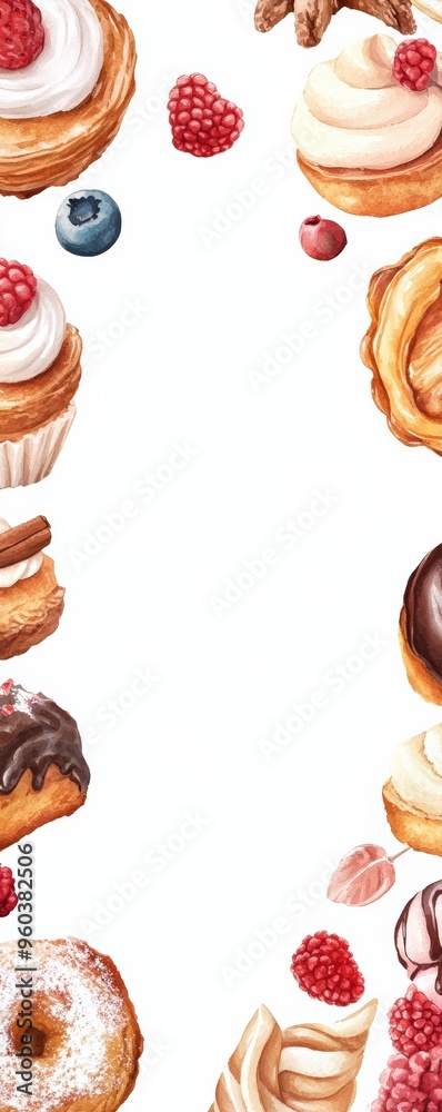 Artistic bakery menu template with watercolor pastry illustrations and ...