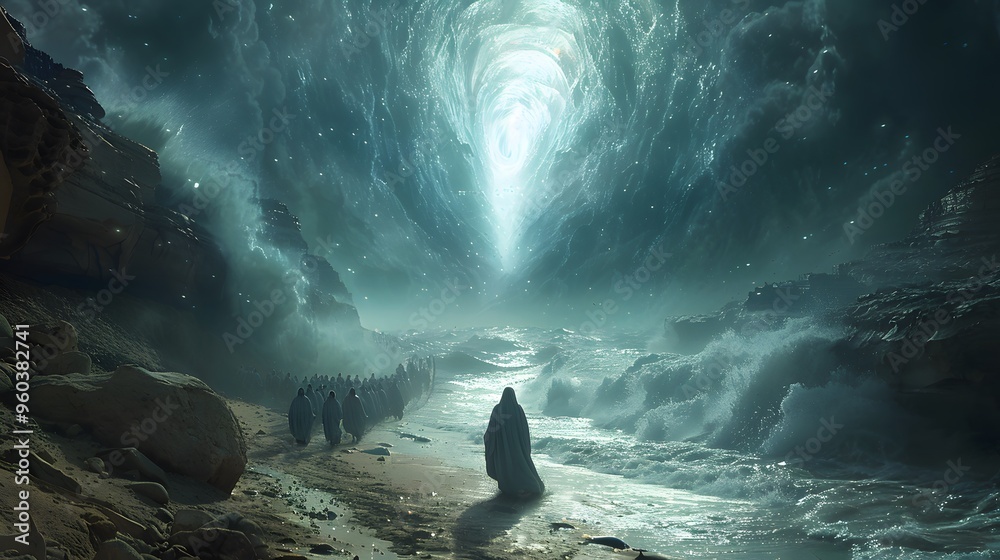 Create a powerful image of the Israelites marching through the parted ...